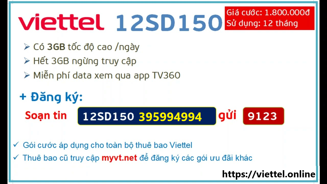 Đăng ký gói cước 12SD150 Viettel Có 1080Gb chỉ với 1800.000đ